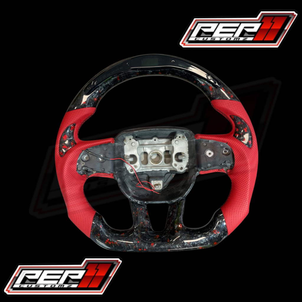 Forged carbon Red leather red flakes LED RPM steering wheel - Pep11Customz