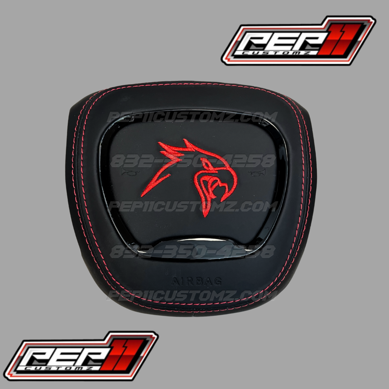 Trackhawk Black Leather Red Stitch Airbag Cover - Pep11Customz
